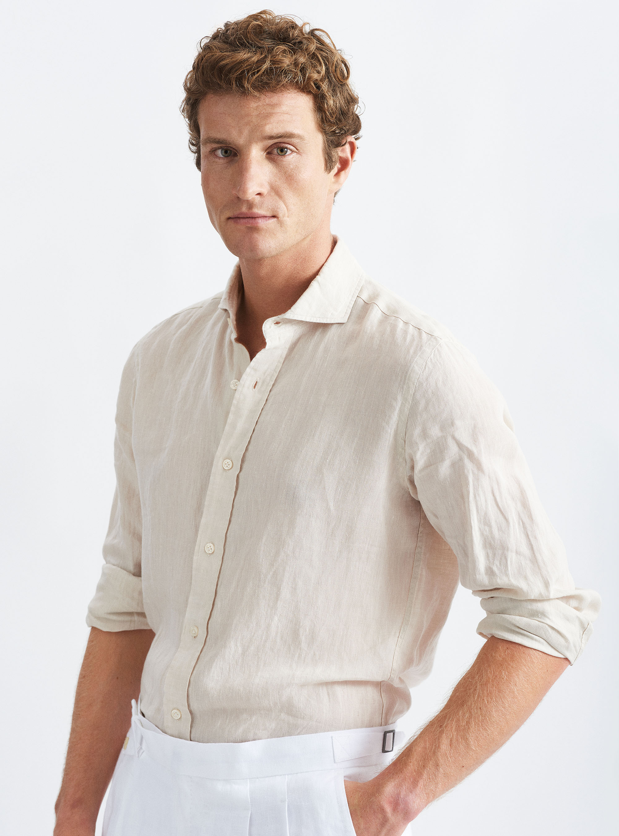 Linen French collar shirt, ECRU