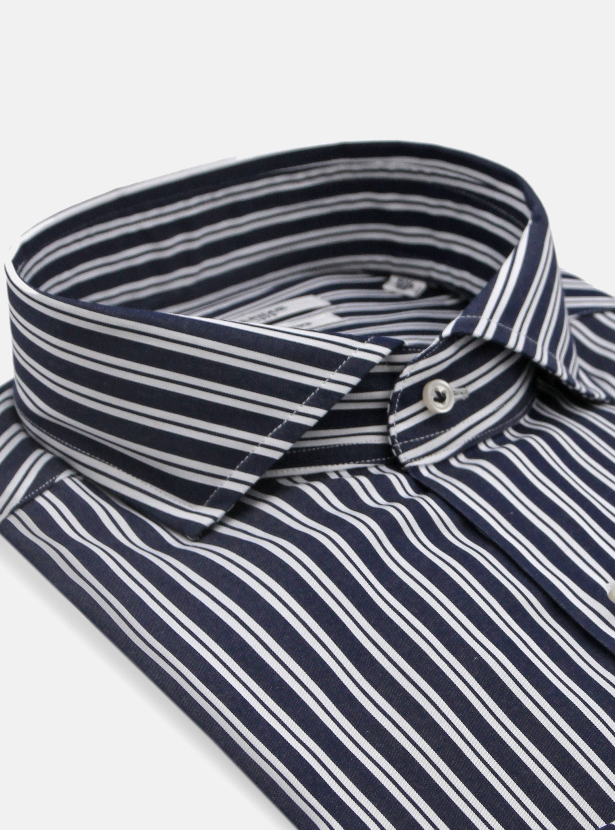 Chemise avec col français à rayures en twill de coton, BLEU MARINE