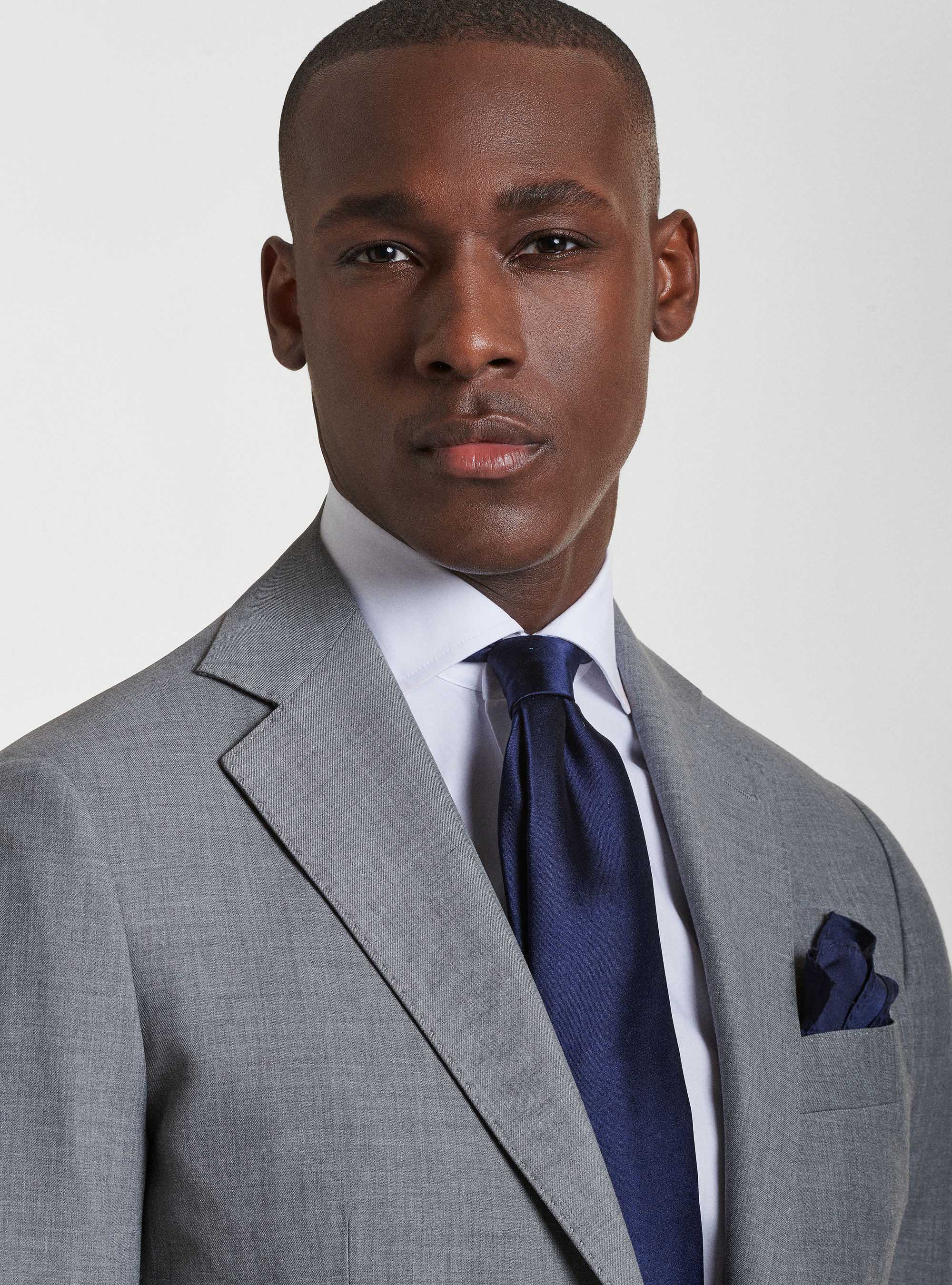 Light Grey Suit Dark Blue Shirt